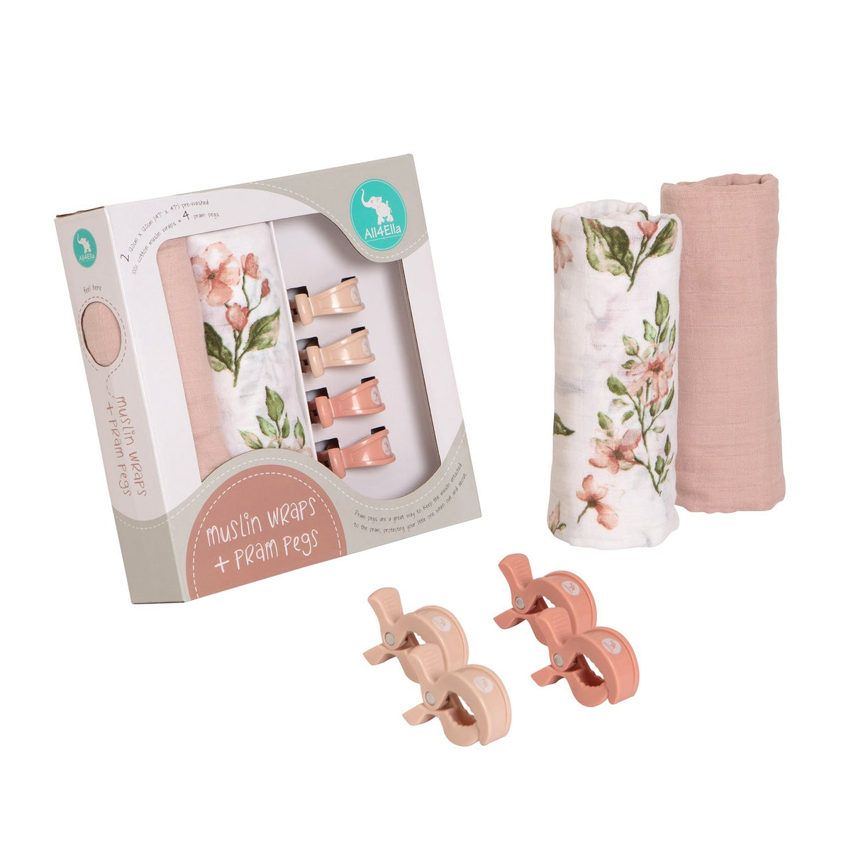All4Ella 2 Pack Muslin Wraps & 4 Pegs - Pink Flower & Salmon – Baby ...